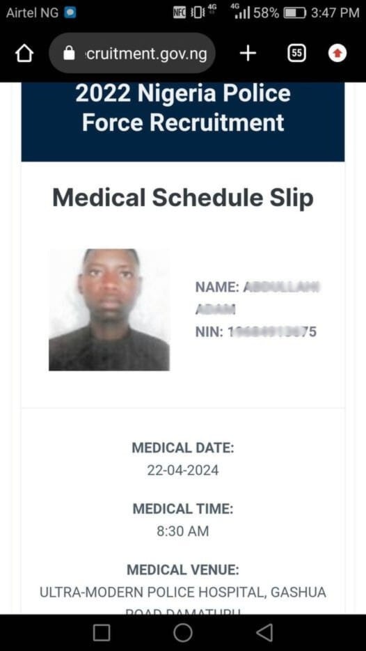 Nigerian Police Recruitment Medical Screening Slip Download Link Available